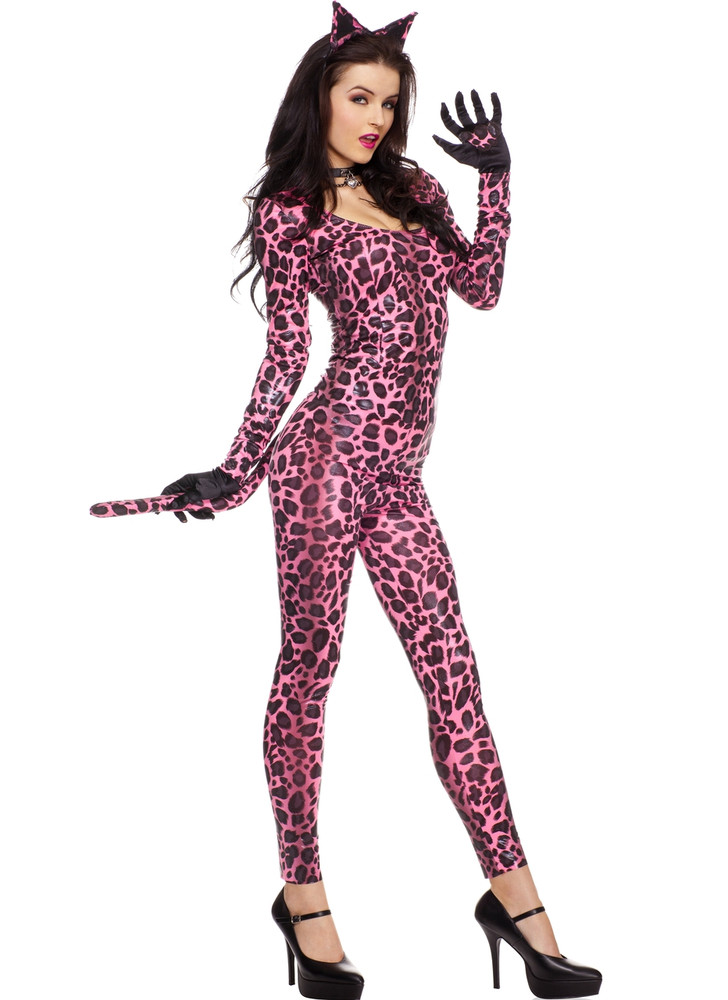 Sexy Music Legs Pink Black Fierce Feline Kitty Cat Leopard Catsuit