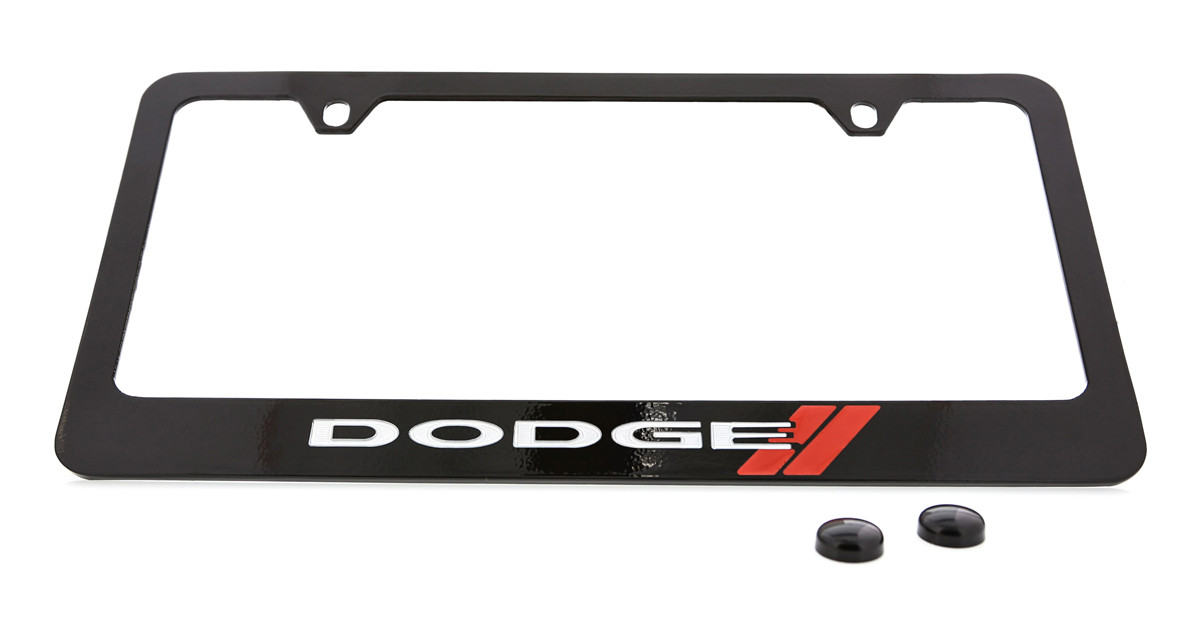 Dodge Logo Black Coated Zinc License Plate Frame Holder With Silver Imprint