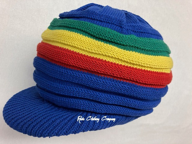 Knitted Large Peak Hat - Royal Blue/Rasta Colors (Ribbed) - Rasta ...