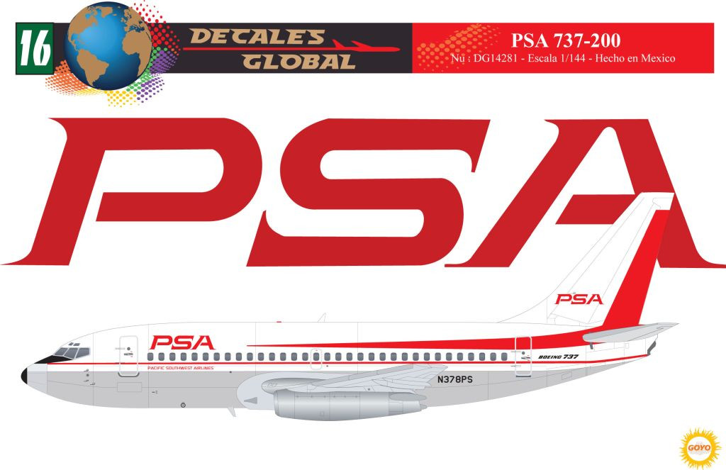1/144 Scale Decal PSA 737-200 - JoyDecals.com