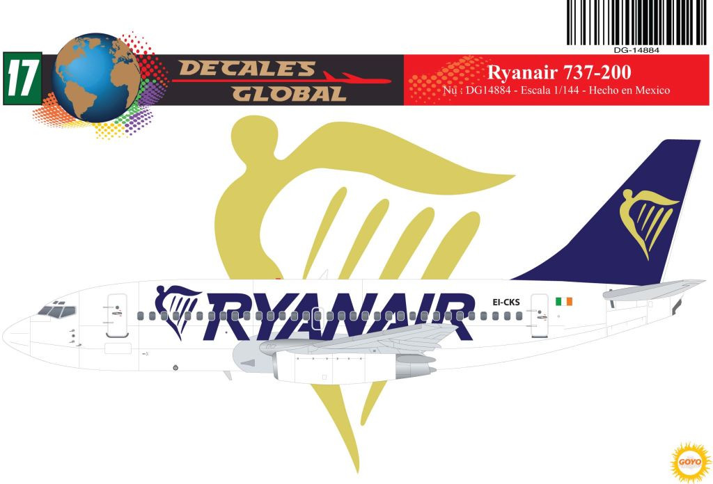 1/144 Scale Decal Ryanair 737-200 - JoyDecals.com