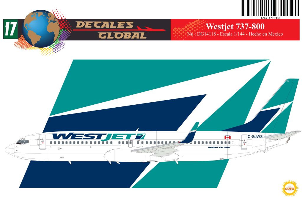 1/144 Scale Decal WestJet 737-800 - JoyDecals.com
