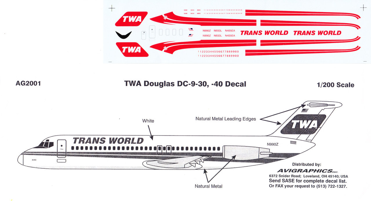 1/200 Scale Decal TWA DC9-30 / 40 - JoyDecals.com