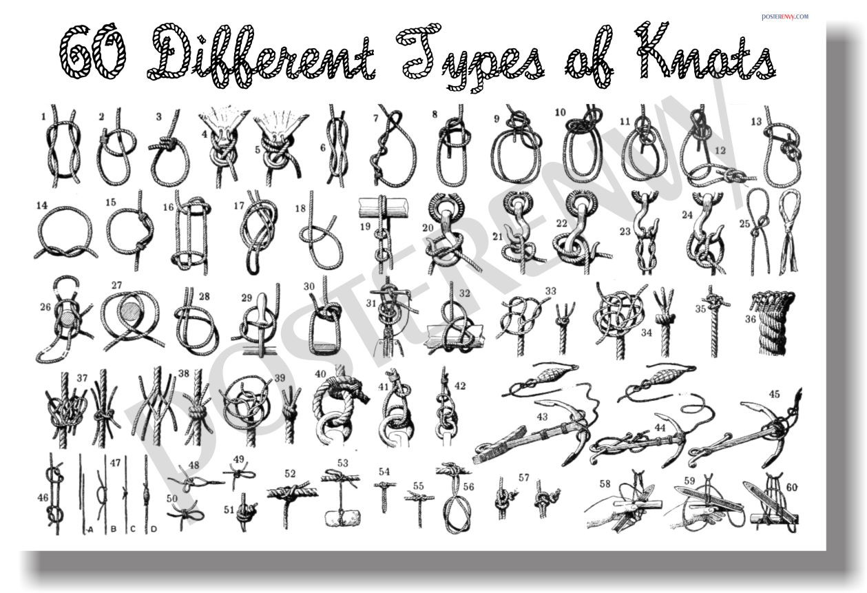 60 Different Types of Knots - NEW Survival Nautical POSTER (fa169)