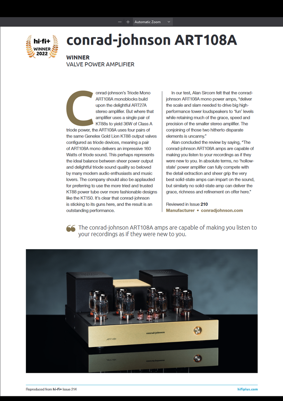 Conrad Johnson ART108A Vacuum-Tube Stereo Power Amplifier - Sound ...