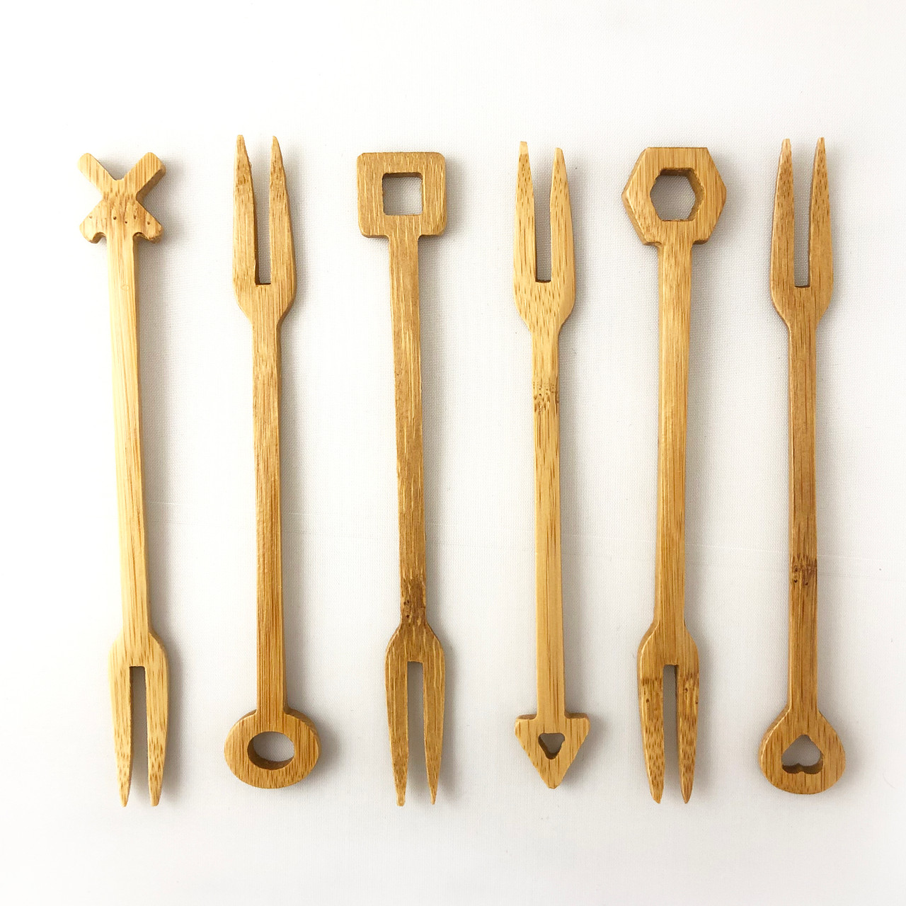 Set of 6 Reusable Bamboo Snack Dessert Forks Set, Two Prong Forks ...