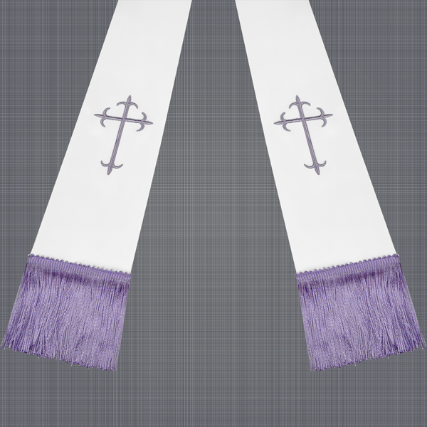 White and Lavender Satin Clergy Stole with Crosses - Arkman's
