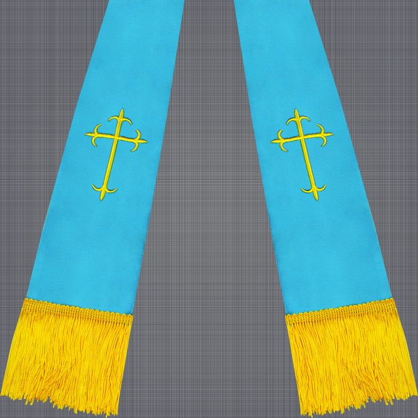 Light Blue and Gold Satin Clergy Stole with Crosses - Arkman's