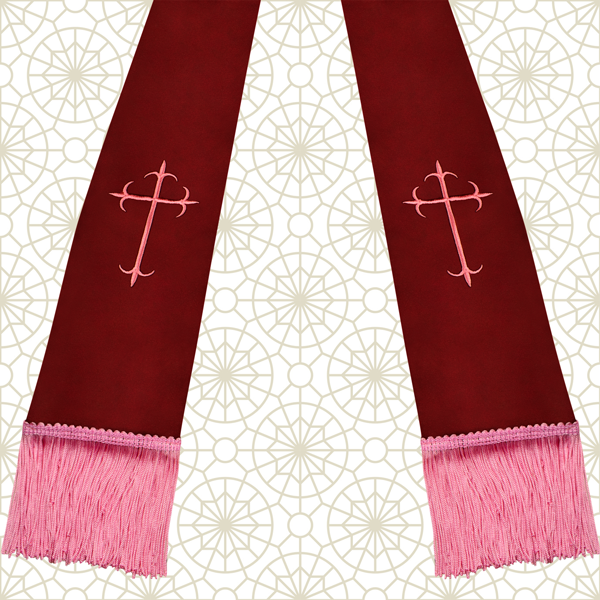 Burgundy and Pink Satin Clergy Stole with Crosses - Arkman's