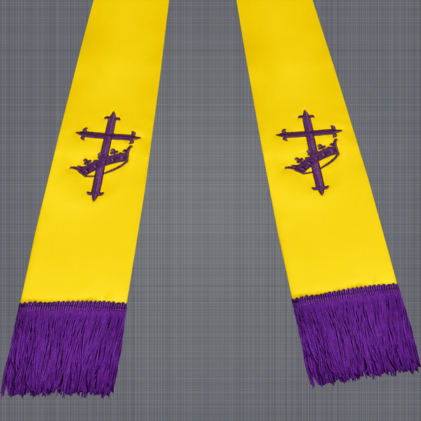 Gold and Purple Satin Clergy Stole with Cross & Crown - Arkman's