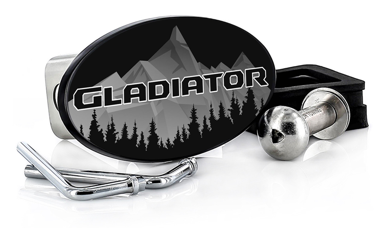Jeep Brand Black Coated Hitch Cover with UV Printed Gladiator Logo - Mountains and Woods Graphics