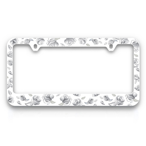 Grey Rose White Plastic License Plate Frame