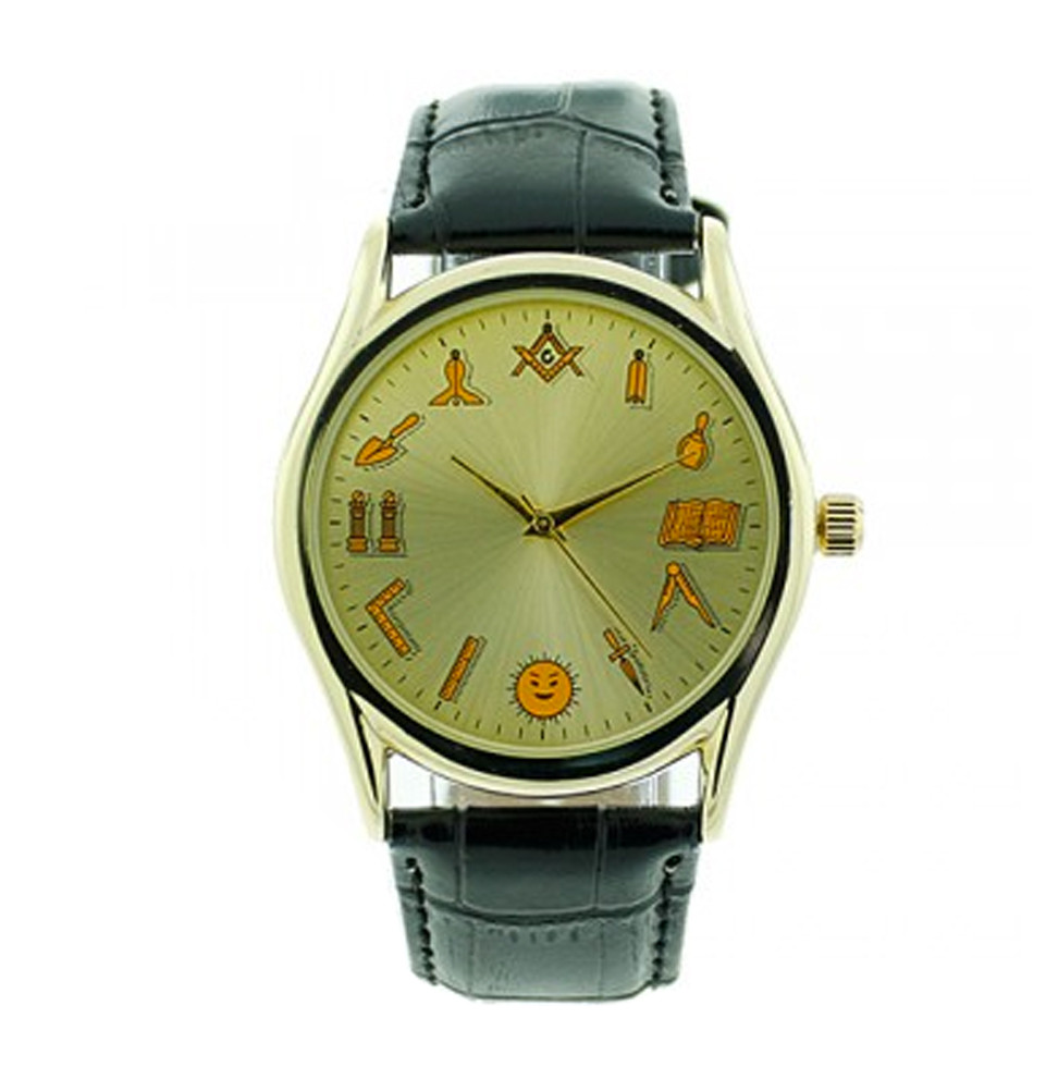 Working Tools - Masonic Watch - Black Leather Band - Round Gold Face ...