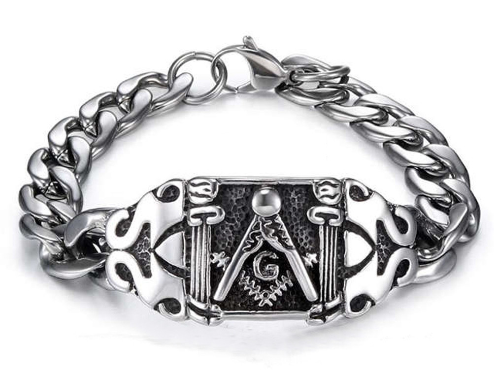 Freemasons Bracelet - Silver Tone - 9" Stainless Steel Masonic Linkage ...