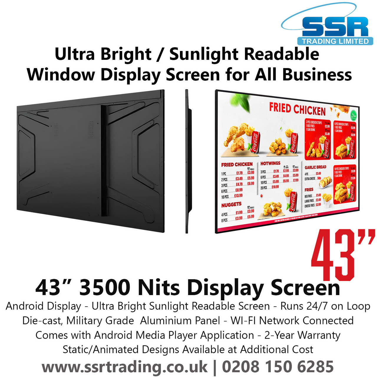 43" 3500 Nits Ultra Bright / Sunlight Readable Window Display Screen ...