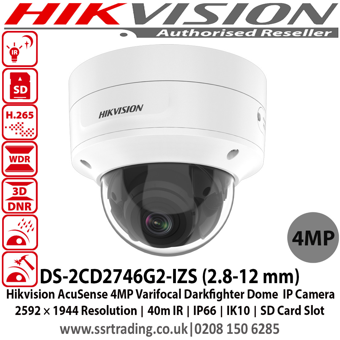 Hikvision 4 MP AcuSense IR Varifocal Lens Dome Network IP Camera with 2.8 - 12mm motorized ...