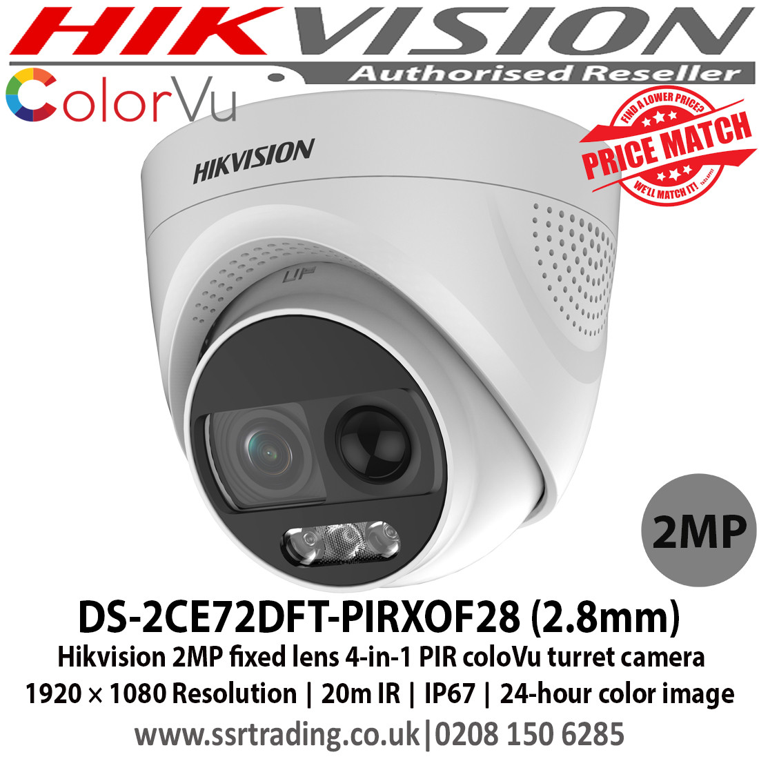 Hikvision 2MP fixed lens colour PIR siren turret camera with 2.8mm fixed lens, Up to 20m white ...