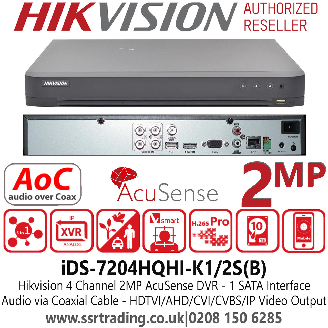 Hikvision iDS-7204HQHI-K1/2S(B) 4 Channel AcuSense TVI Turbo 5.0 2MP DVR with Connectable to HD ...