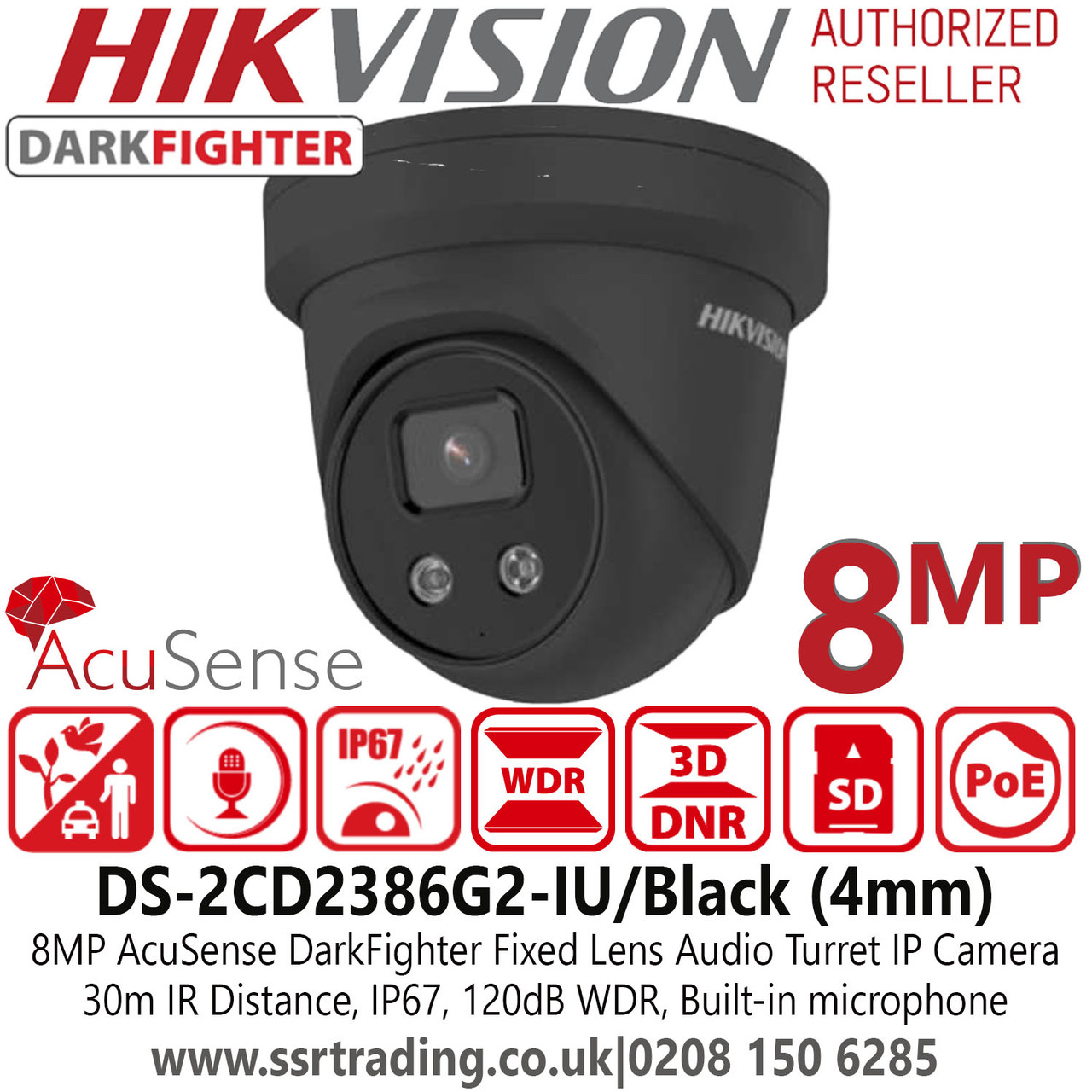 Hikvision 8mp Acusense Darkfighter Fixed Lens Black Turret Network Ip