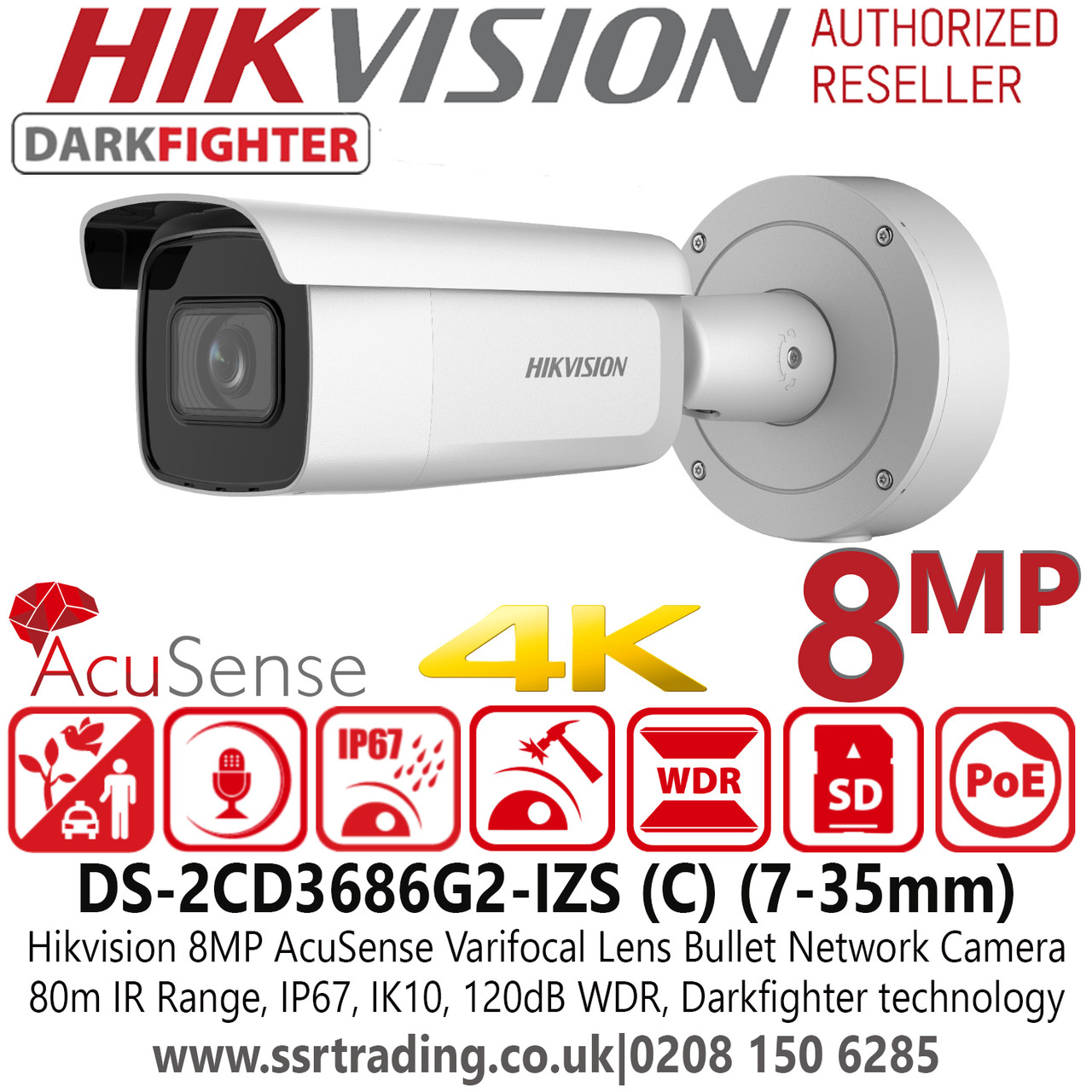 Hikvision 8MP AcuSense Darkfighter Varifocal Bullet Network Camera, 7 ...