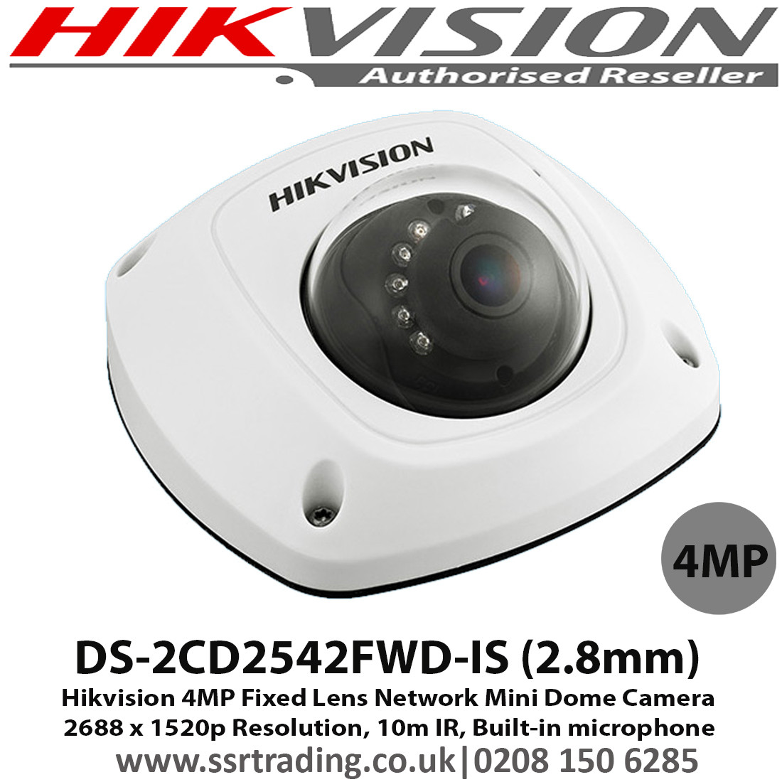 Hikvision 4MP 2.8mm Fixed Lens 10m IR with Built-in Microphone IP PoE Dome Camera - DS-2CD2542FWD-IS