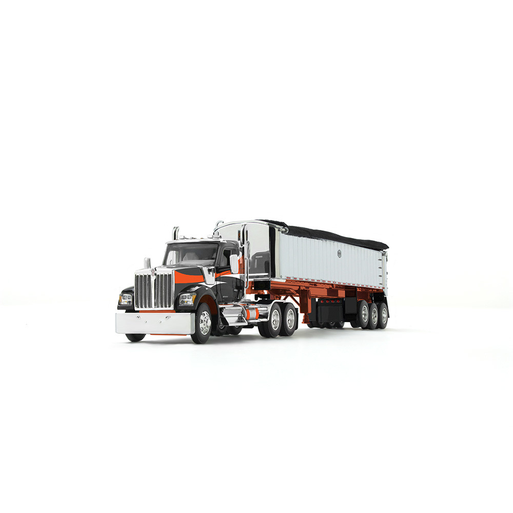 1/64 DCP Kenworth W990 day cab with chrome sided/black tarp/orange ...