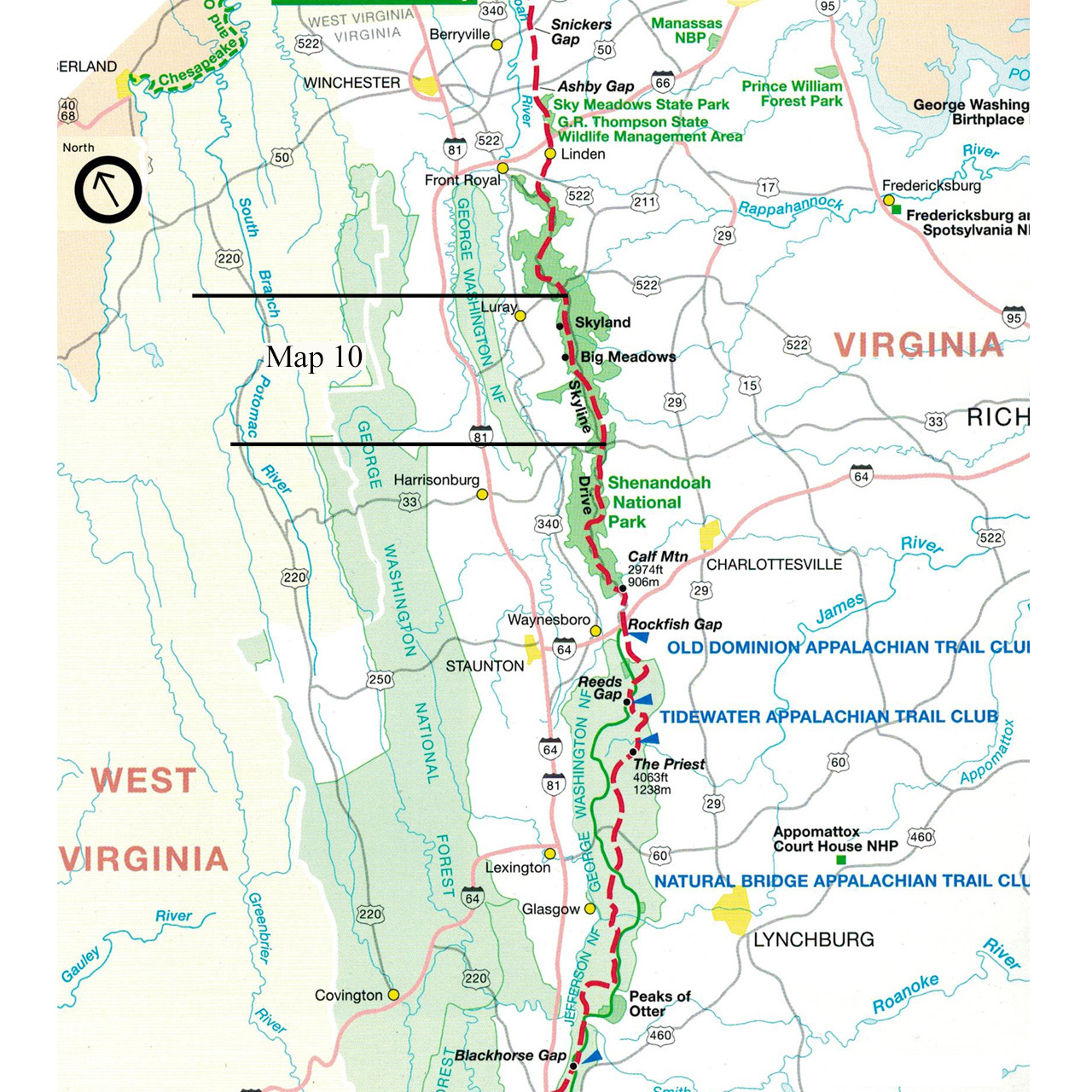 Shenandoah National Park Map Central District Appalachian Trail