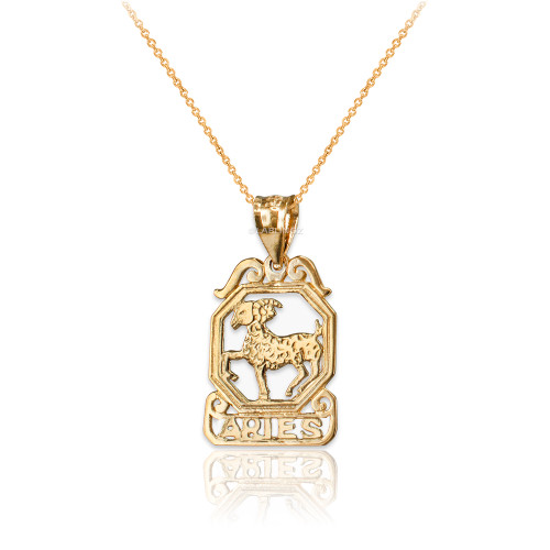 Polished Yellow Gold Open Design, Aries zodiac Sign Charm Necklace.