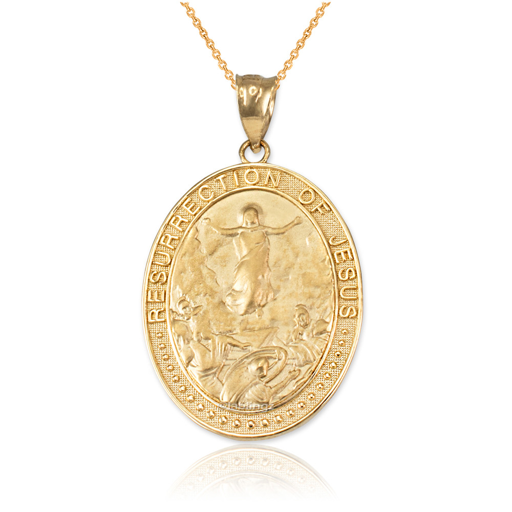 Yellow Gold Resurrection of Jesus Oval Medallion Pendant Necklace
