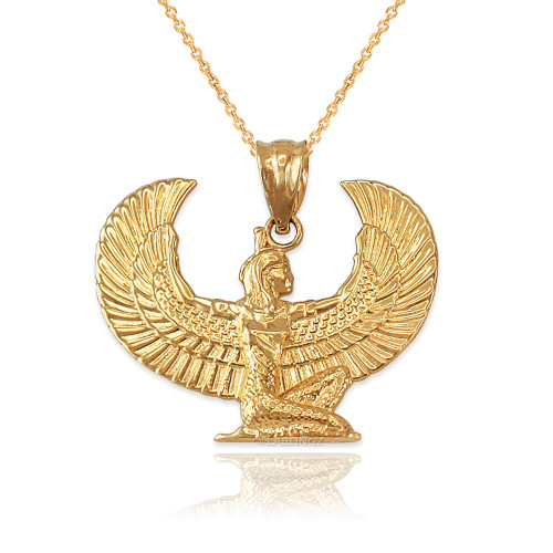 Yellow Gold Egyptian Isis Winged Goddess Pendant Necklace