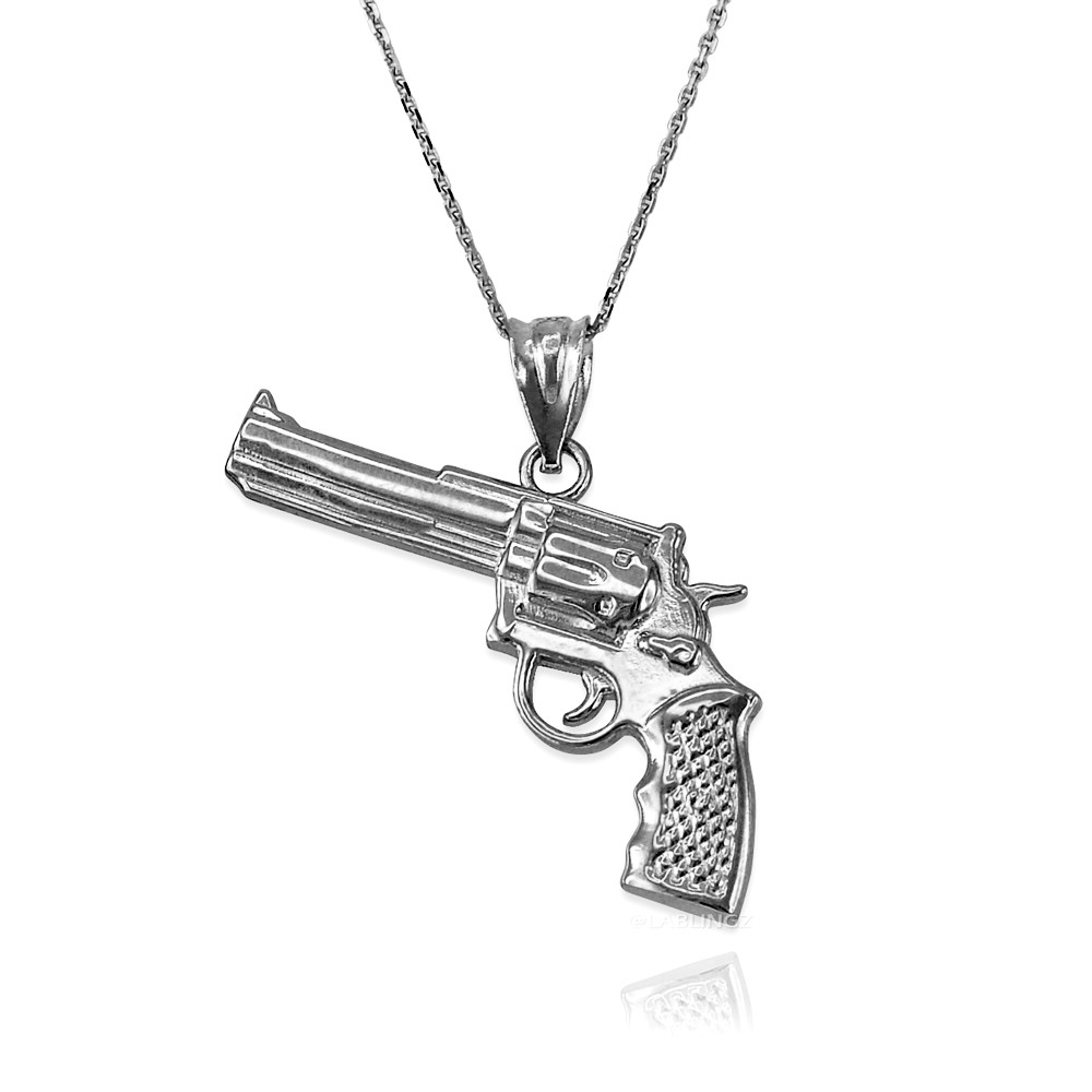 Revolver Pistol Gun Pendant Necklace in White Gold