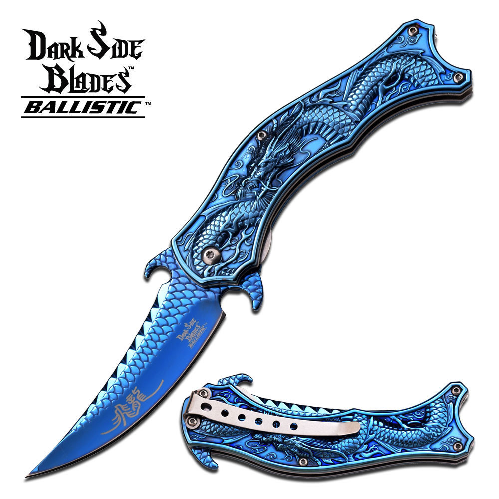 Blue Titanium Dragon Spring Assisted Knife - keyscutlery.com