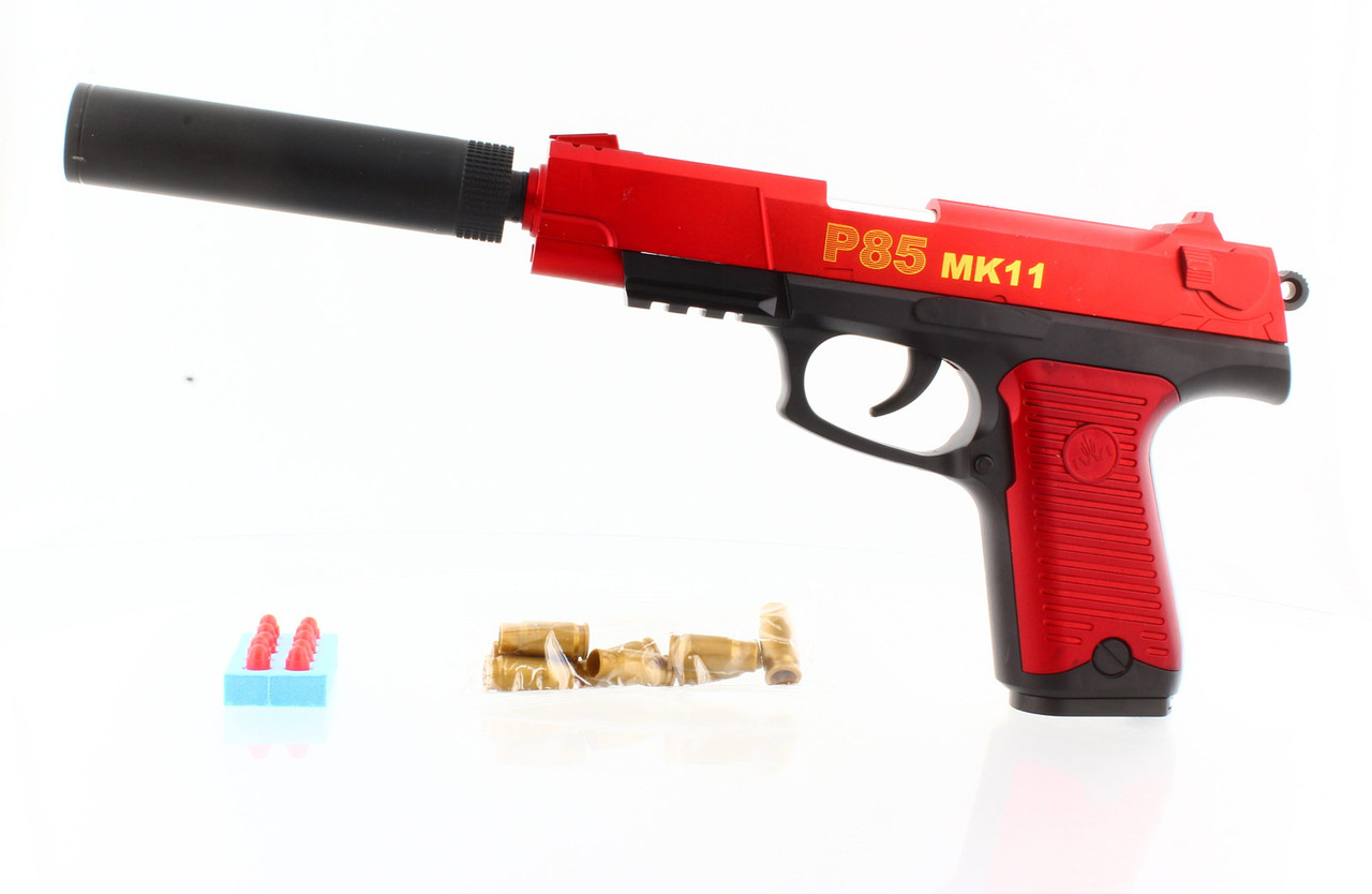 Shell Ejecting Pistol P85 MK11 in Red With Silencer - bbguns4less