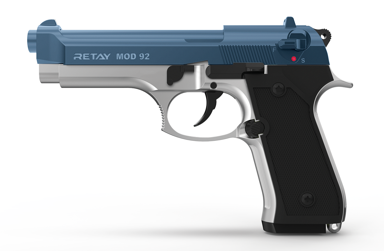 Retay Mod 92 - 9MM Blank Firing Pistol in Chrome & Blue - bbguns4less