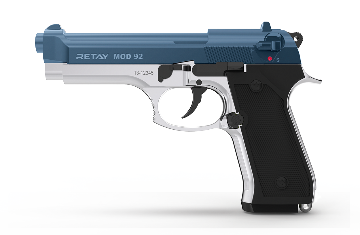 Retay Mod 92 - 9MM Blank Firing Pistol in Nickel & Blue - bbguns4less