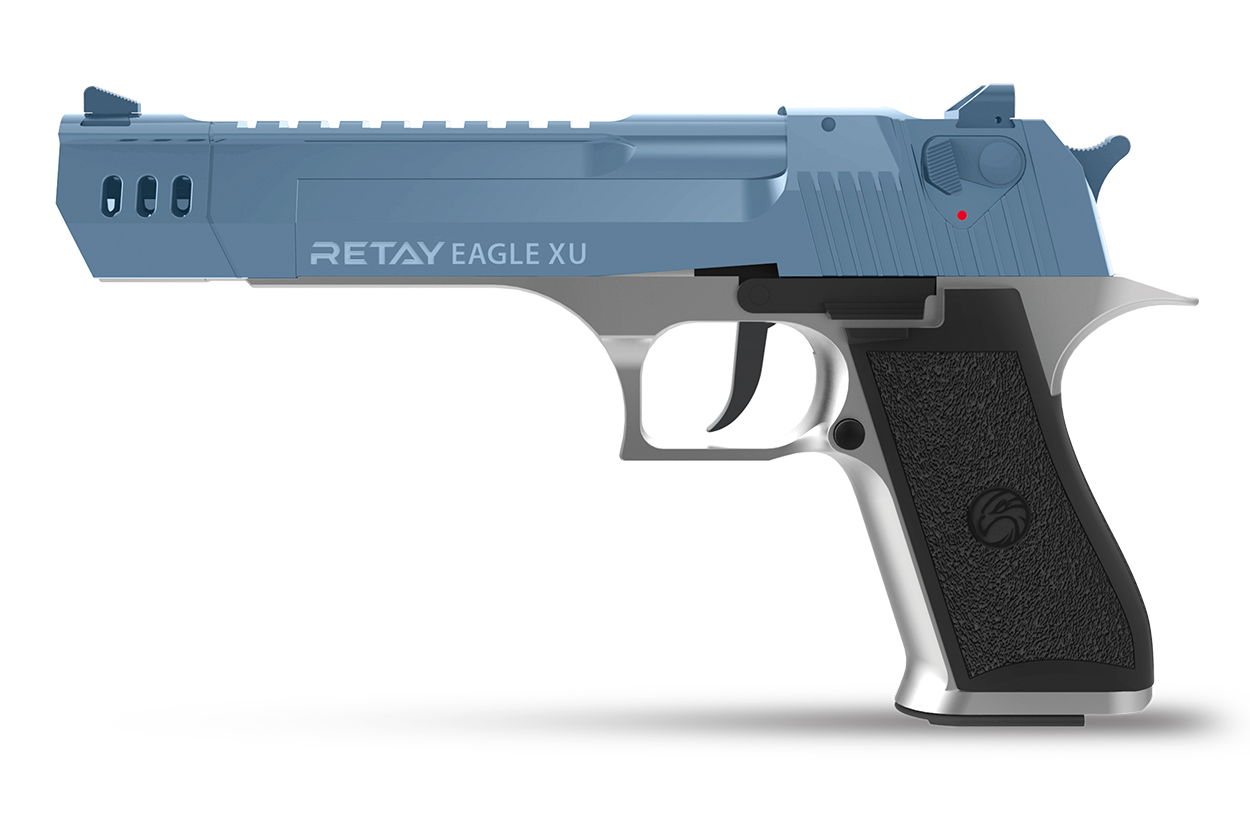 Retay Eagle XU - 9MM Blank Firing Pistol in Chrome & Blue - bbguns4less