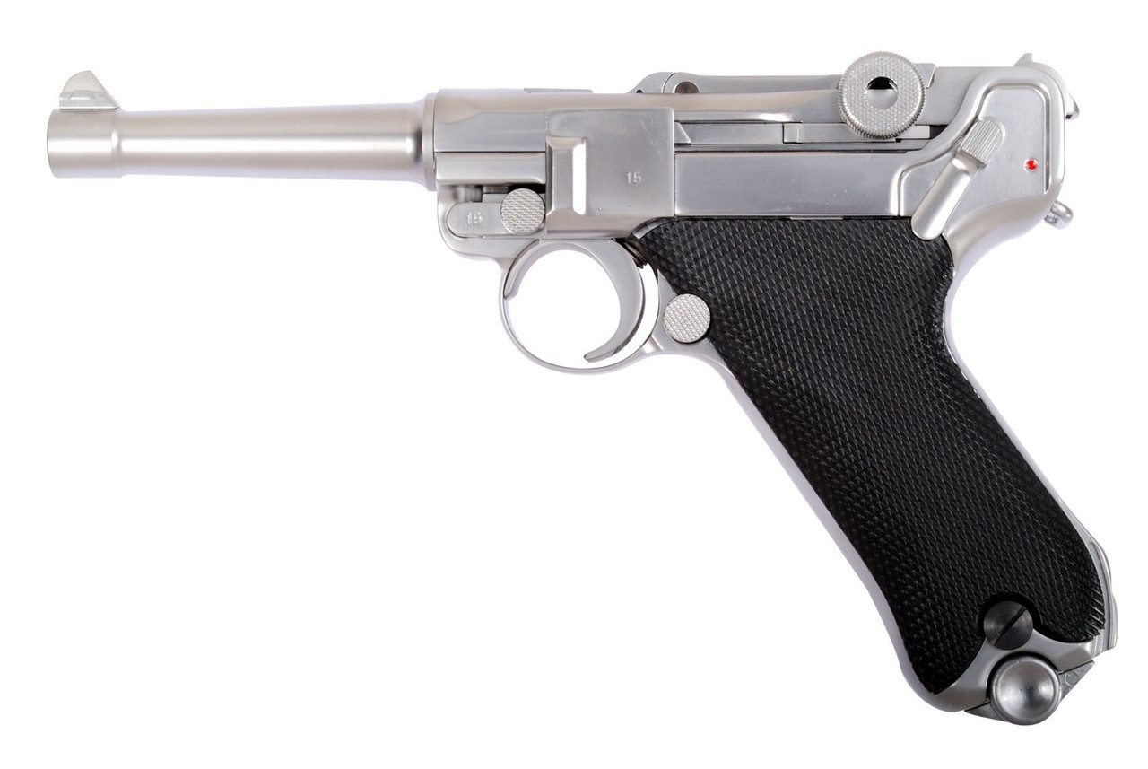 WE Tech P08 Luger 4" Metal Gas Blowback Pistol in Silver - bbguns4less