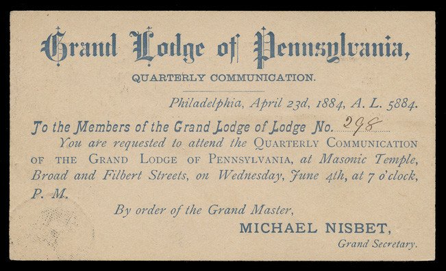 Grand Lodge of Pennsylvania, Quarterly Communication (On Scott #UX7 ...