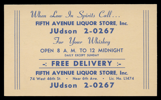 Fifth Avenue Liquor Store, Advertising Postal Card (On Scott #UX41 ...