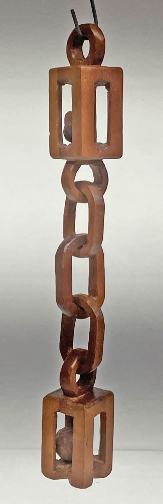 DOUBLE BALLS IN CAGES WITH CHAIN - CARVED WOOD WHIMSEY