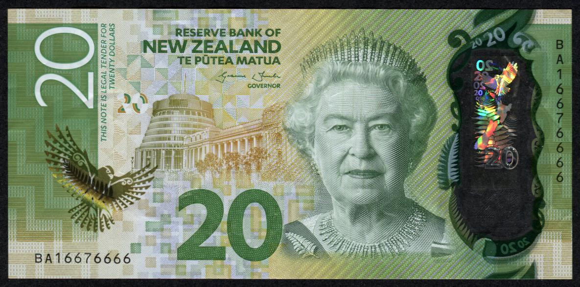 New Zealand - $20 Polymer Note - Wheeler - AH16 676666 - Near Solid ...