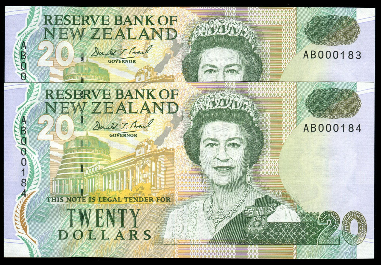 New Zealand - $20 Note - Brash 'Type 2' - AB000183 AB000184 - Unc ...