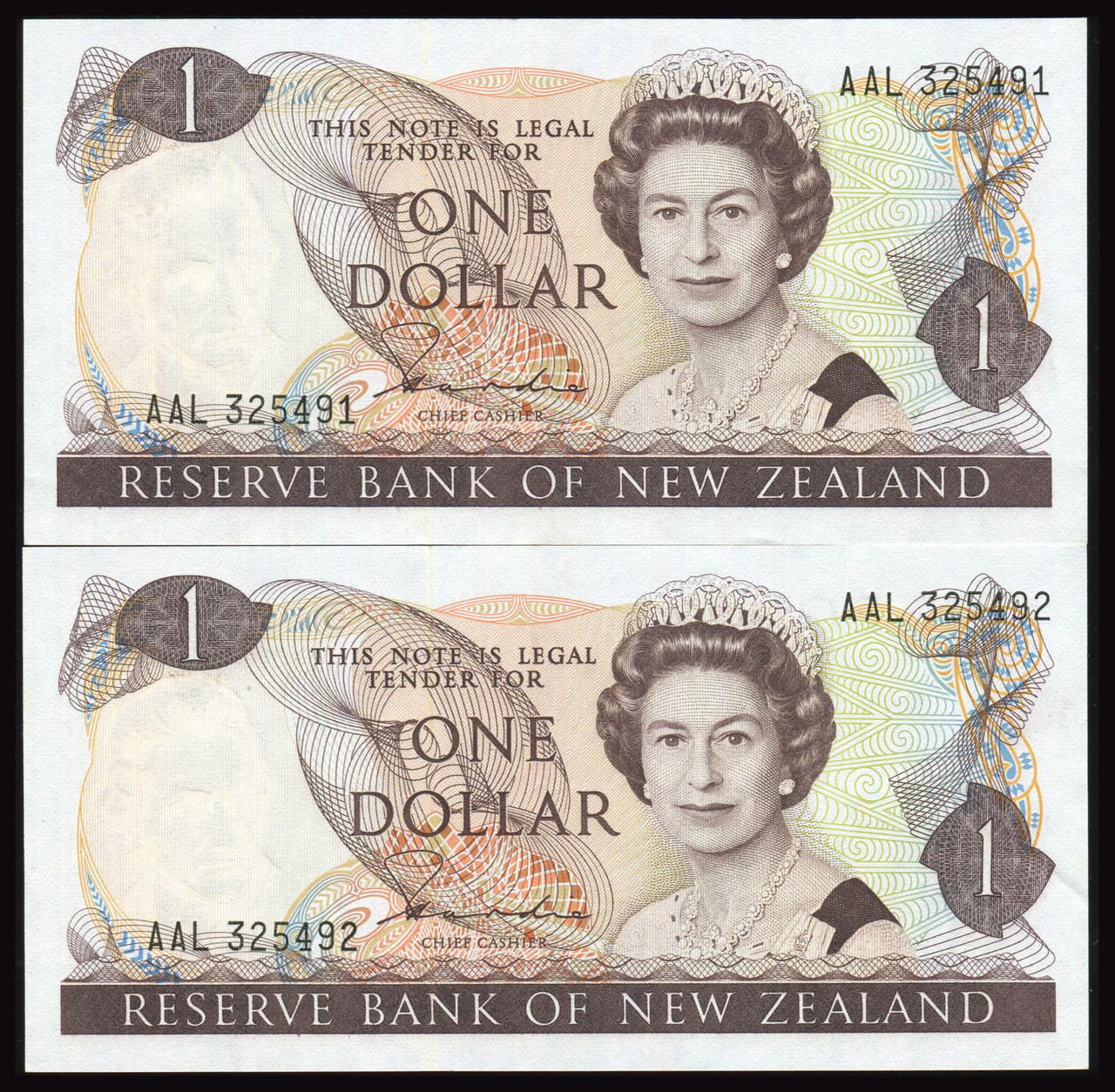 New Zealand - $1 Note - Hardie - Consecutive Pair - AAL 325491-492 ...