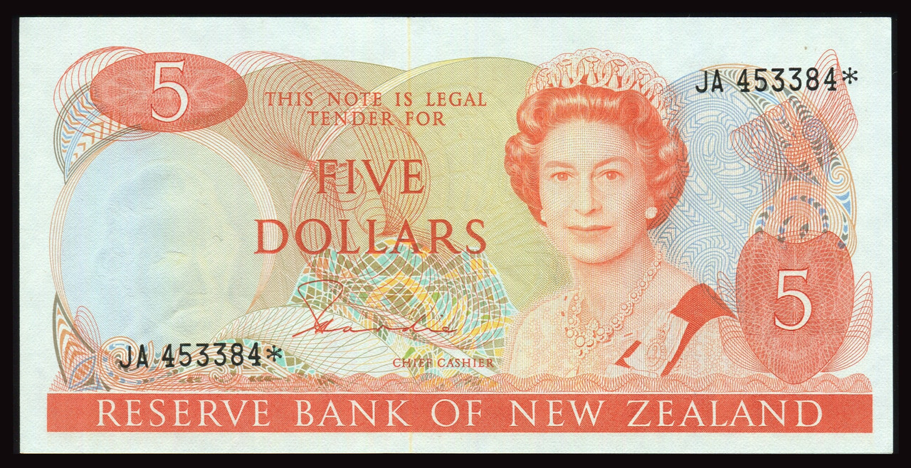New Zealand - $5 Star Note - Hardie - JA453384* - Unc - Oceanic Mint