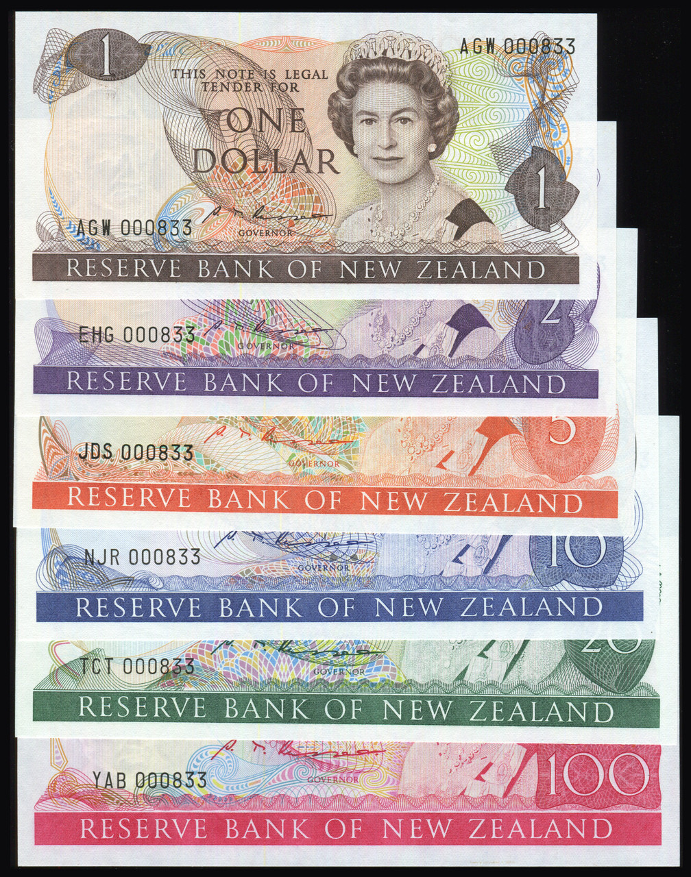 New Zealand - 1985 - Banknote Set - Russell - #833 - $1 $2 $5 $10 $20 ...