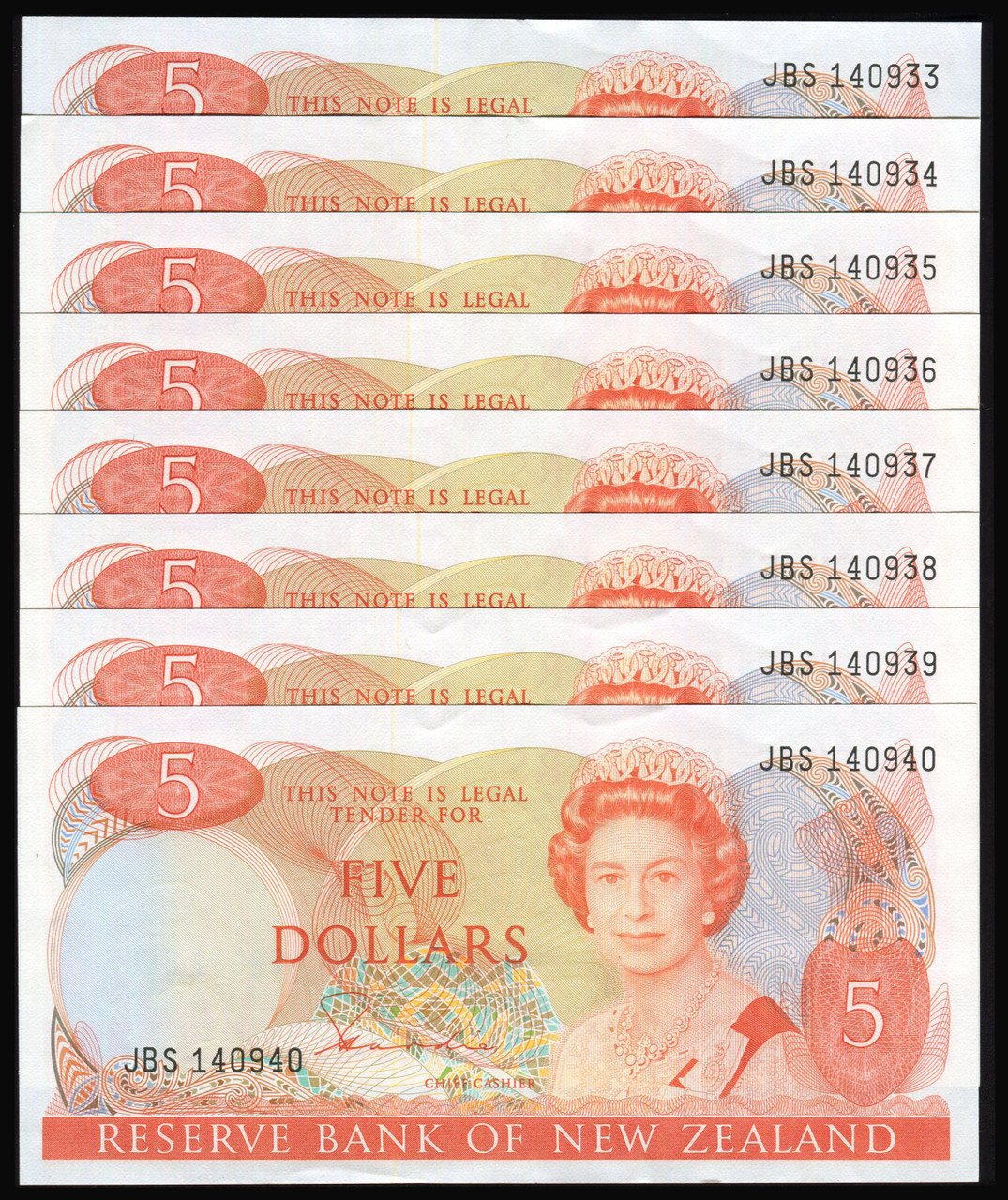New Zealand - $5 Note - Hardie 'Type 2' - 8 Consecutive Notes ...