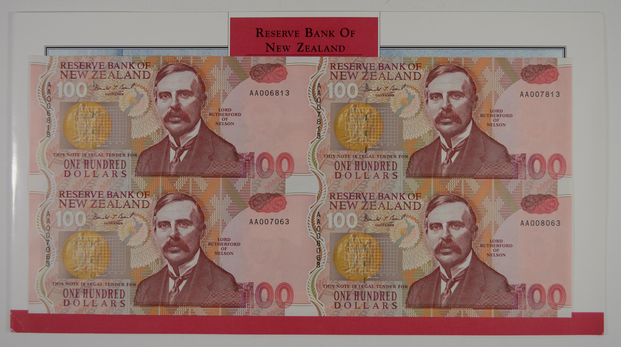 New Zealand - 1992 - $100 Uncut Block Of 4 - Paper Notes - AA Prefix ...