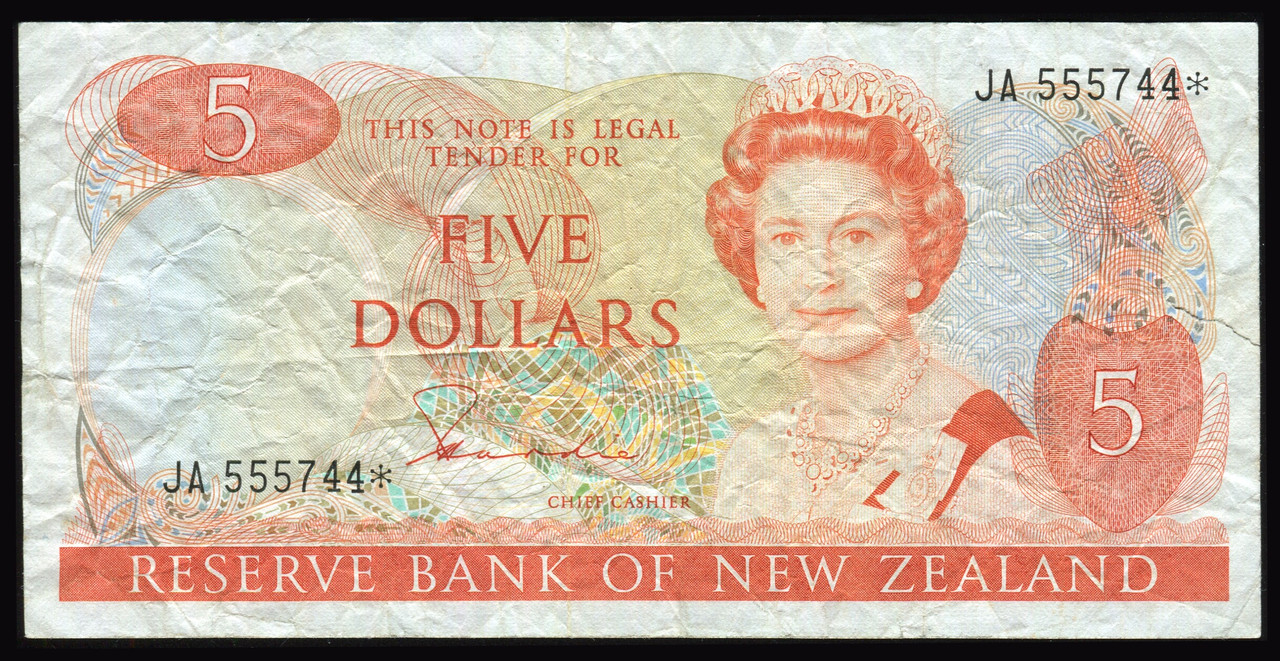 New Zealand - $5 Star Note - Hardie - JA 555744* - Fine - Oceanic Mint