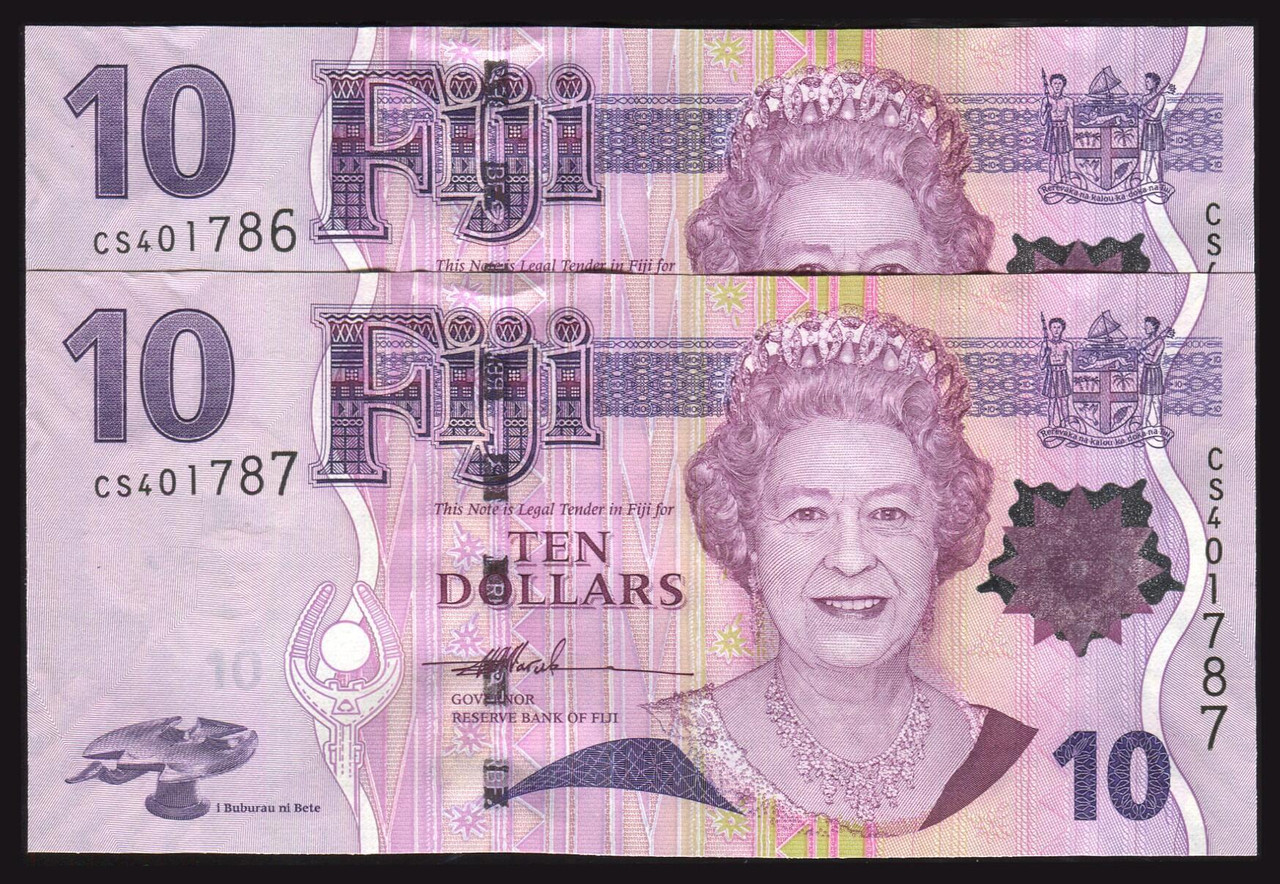 Fiji - 10 Dollars - Consecutive Pair - CS401786-CS401787 - P111a - aUnc ...