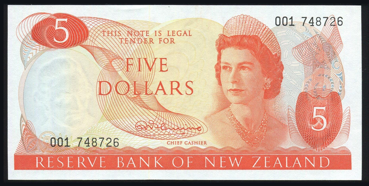 New Zealand - $5 - Fleming - First Prefix - 001 748726 - Unc - Oceanic Mint